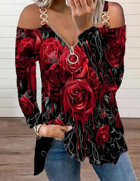 Tops | Sexy Red Rose Chain Cold Shoulder Top New | Poshmark